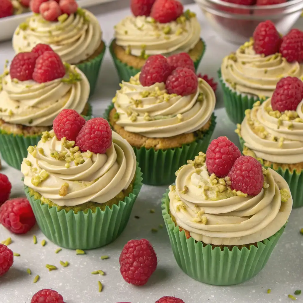 Pistachio Raspberry Cupcakes (Soft Nutty Sponge & Creamy Frosting)